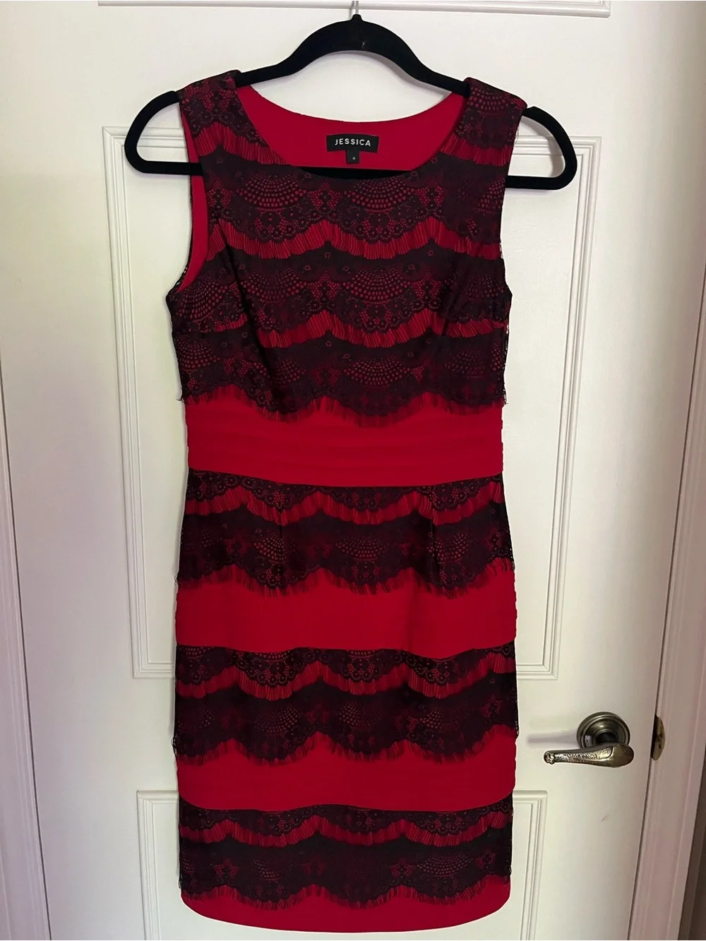 Jessica | Dresses | Jessica Red And Black Lacetrim Midi Sheath Dress ...